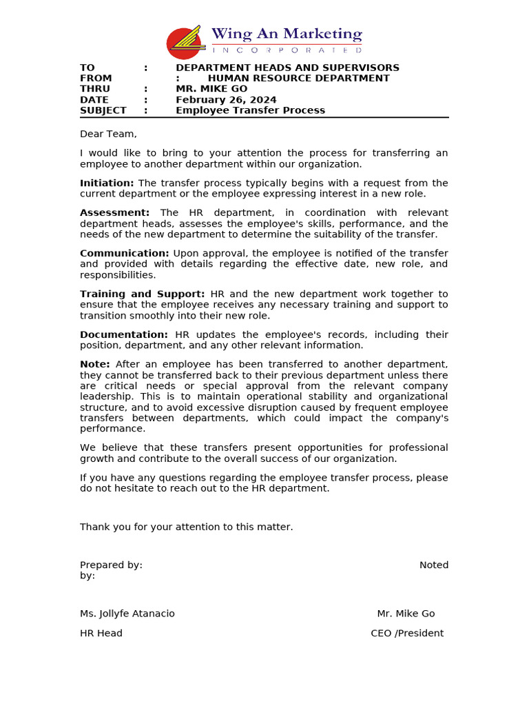 Employee Transfer Guidelines | PDF