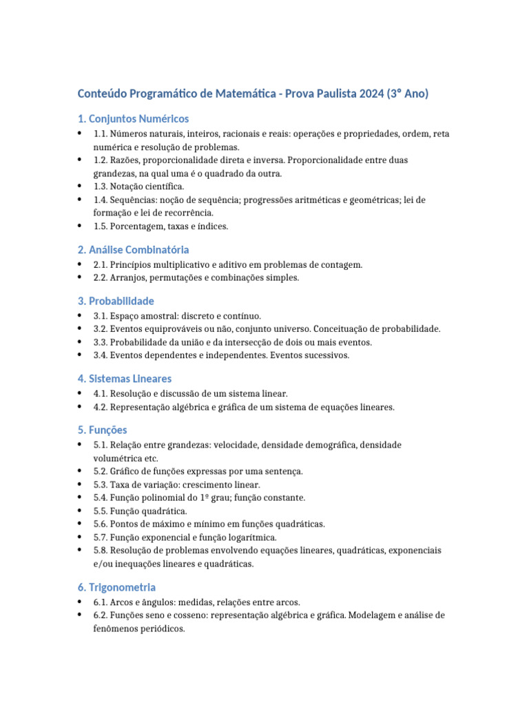 Conteudo Programatico Prova Paulista 2024 Matematica 3ano | PDF ...
