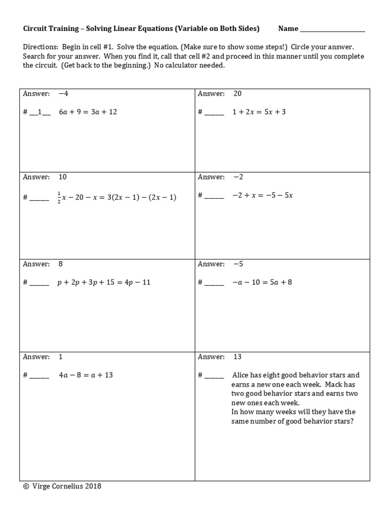 Circuit Training - Solving Linear Equations (Variable On Both Sides) Name | PDF | Mathematical ...
