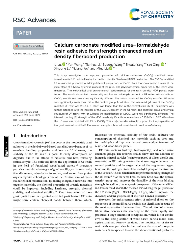 Calcium Carbonate Modified Urea-Formaldehyde Resin Adhesive For ...