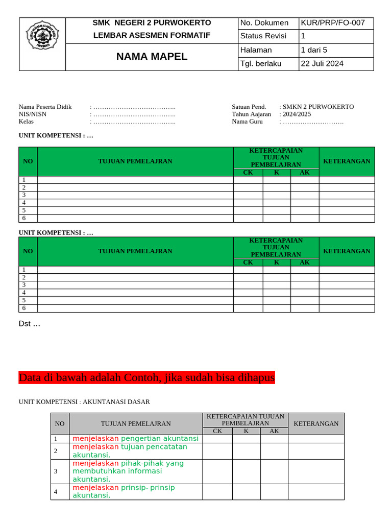 Fo 8 - Lembar Penilaian Formatif 2425 | PDF