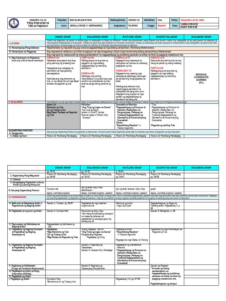 6 DLL IN FILIPINO 10. Aralin 1.6 | PDF