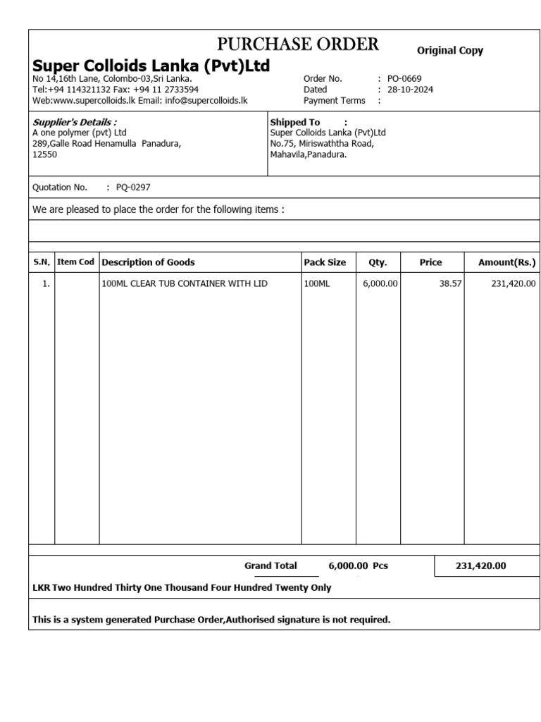 Purchase Order for A One Polymer Ltd | PDF