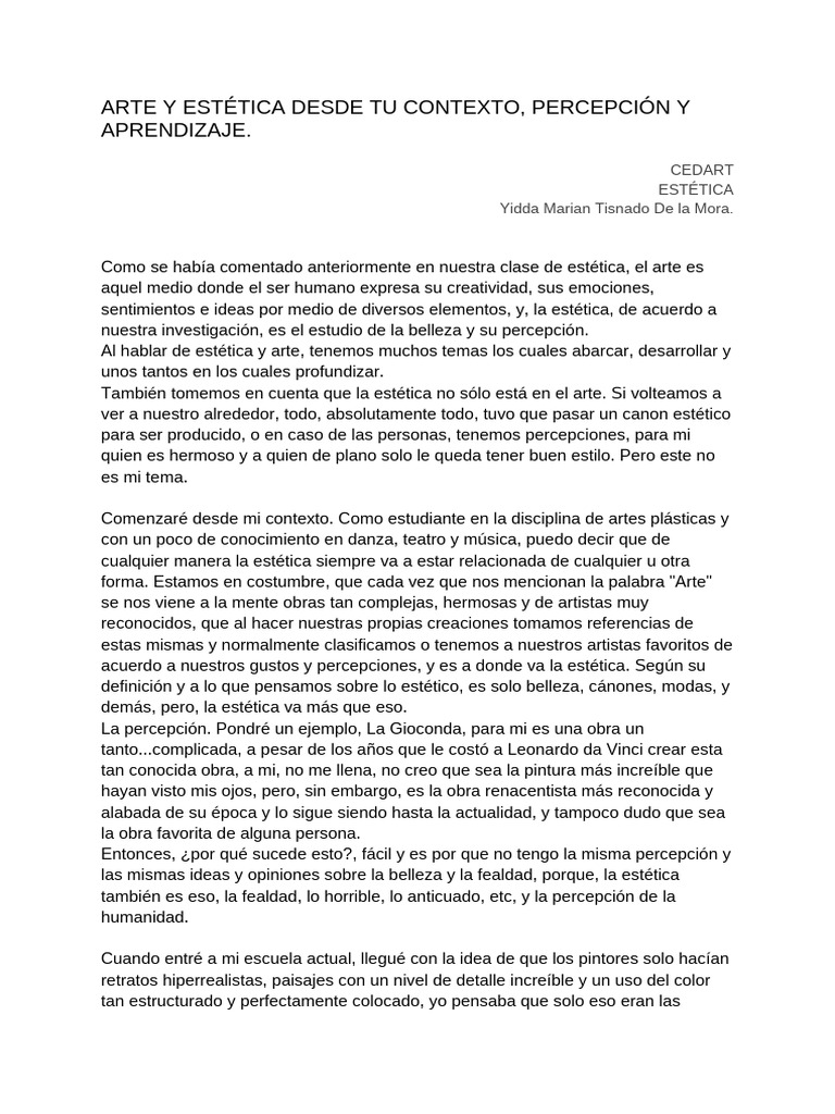 Arte y Estética Desde Tu Contexto, Percepción y Aprendizaje | PDF ...