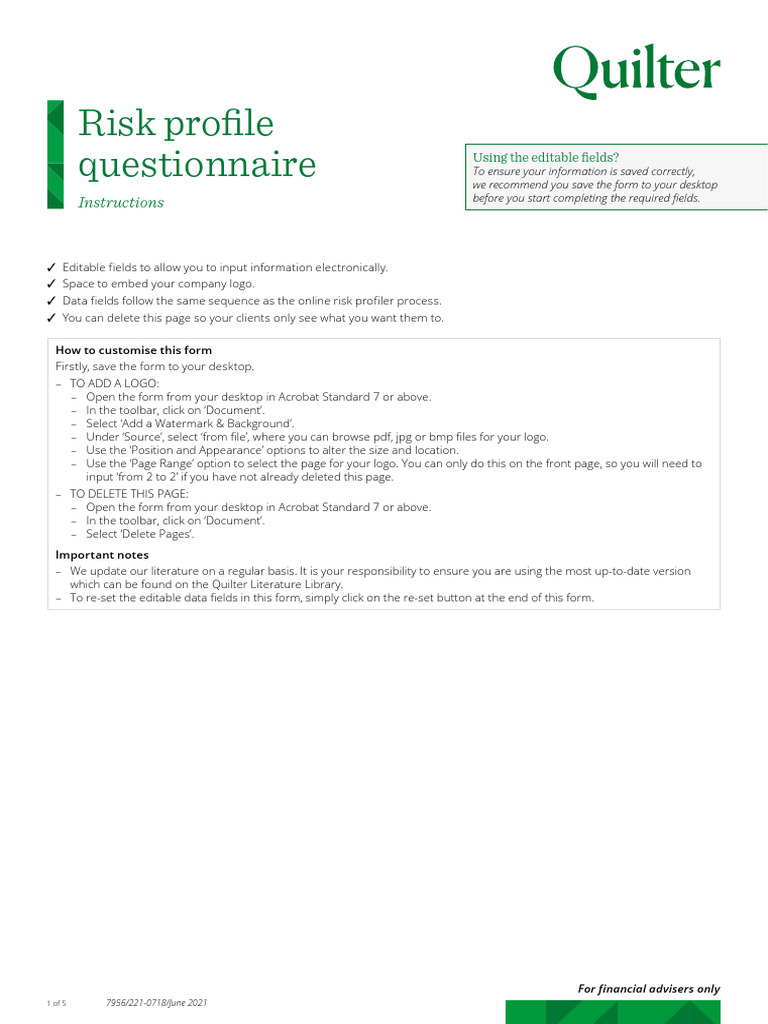 7956 Risk Profile Questionnaire White | PDF | Investing | Risk