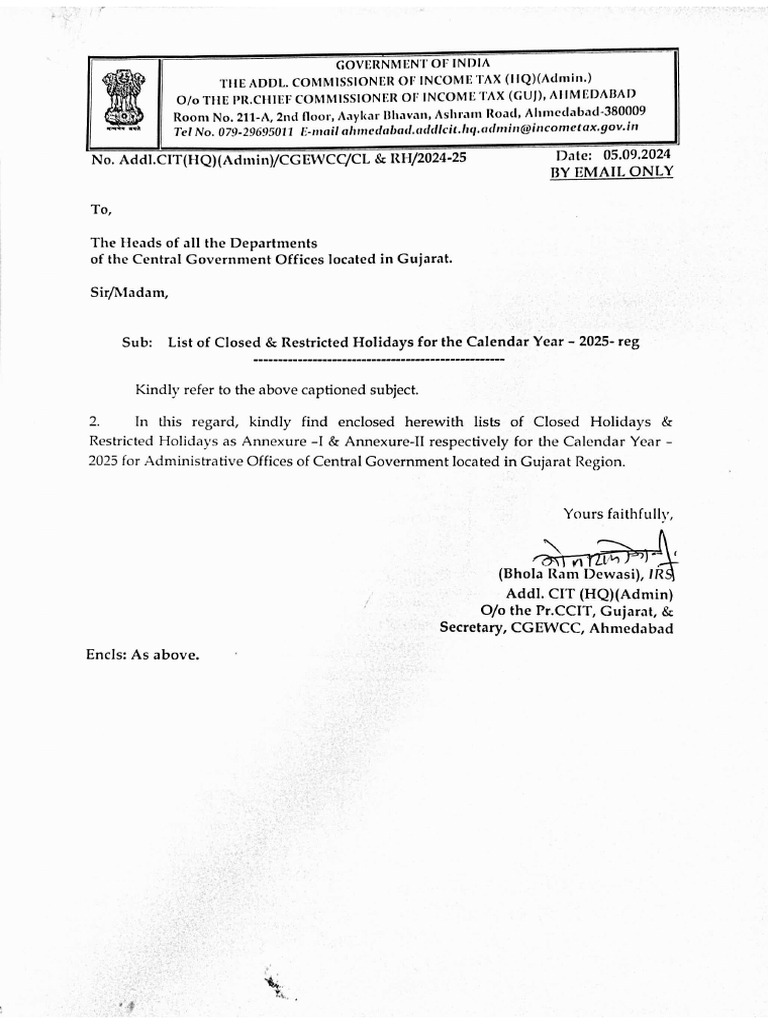 Finalised List of Closed & Restricted Holidays For The Calendar Year ...