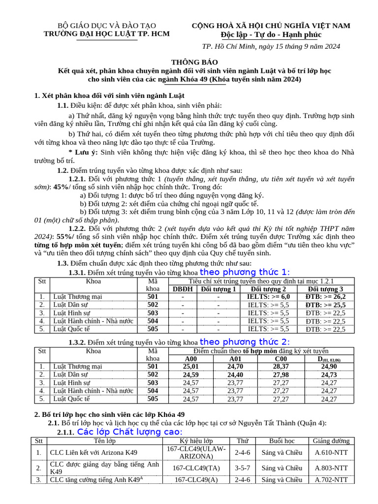 Thong Bao Ket Qua Phan Chuyen Nganh K49 - Chinh Thuc 15092024 - Dang Website | PDF