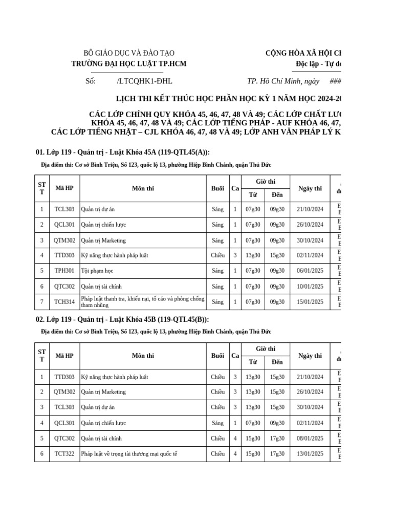 Lich Thi Cac Lop VB1CQ Hoc Ky 1 Nam Hoc 2024 2025 | PDF