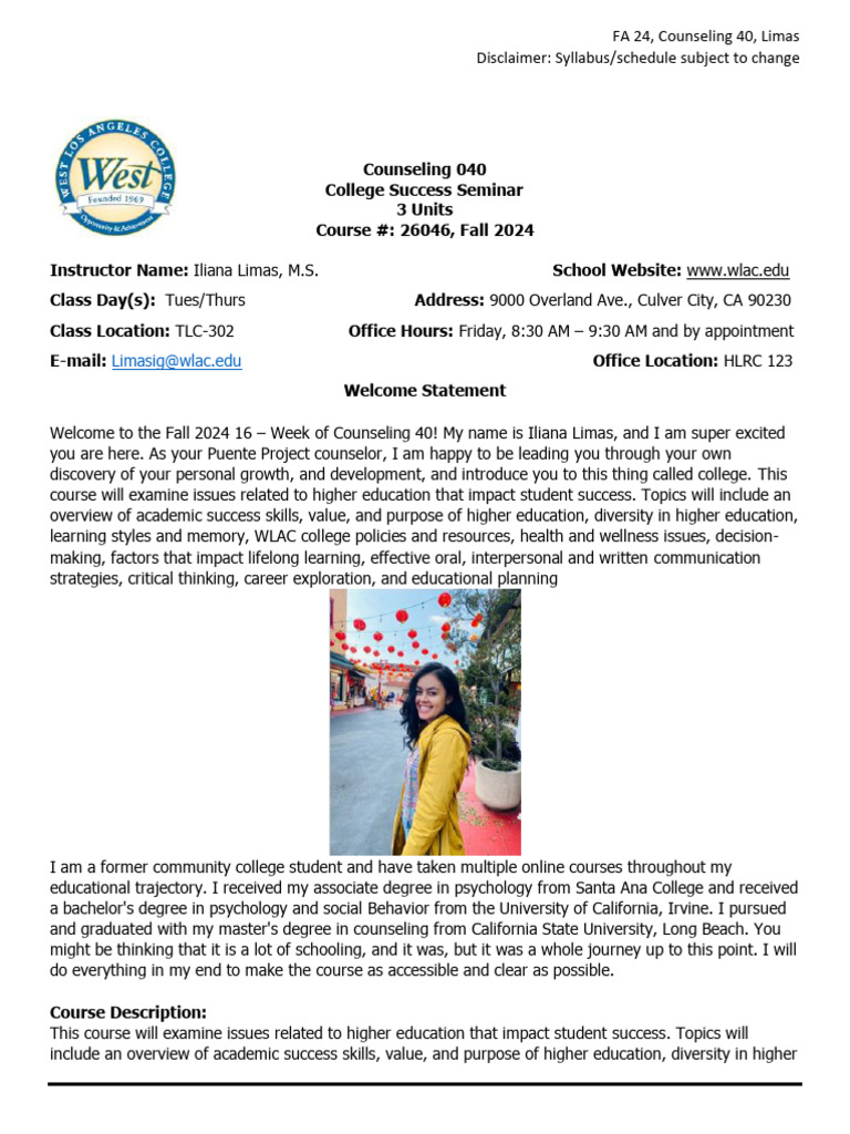 Fall 2024 Counseling 40 Syallbus | PDF | Academic Integrity | Basic Needs