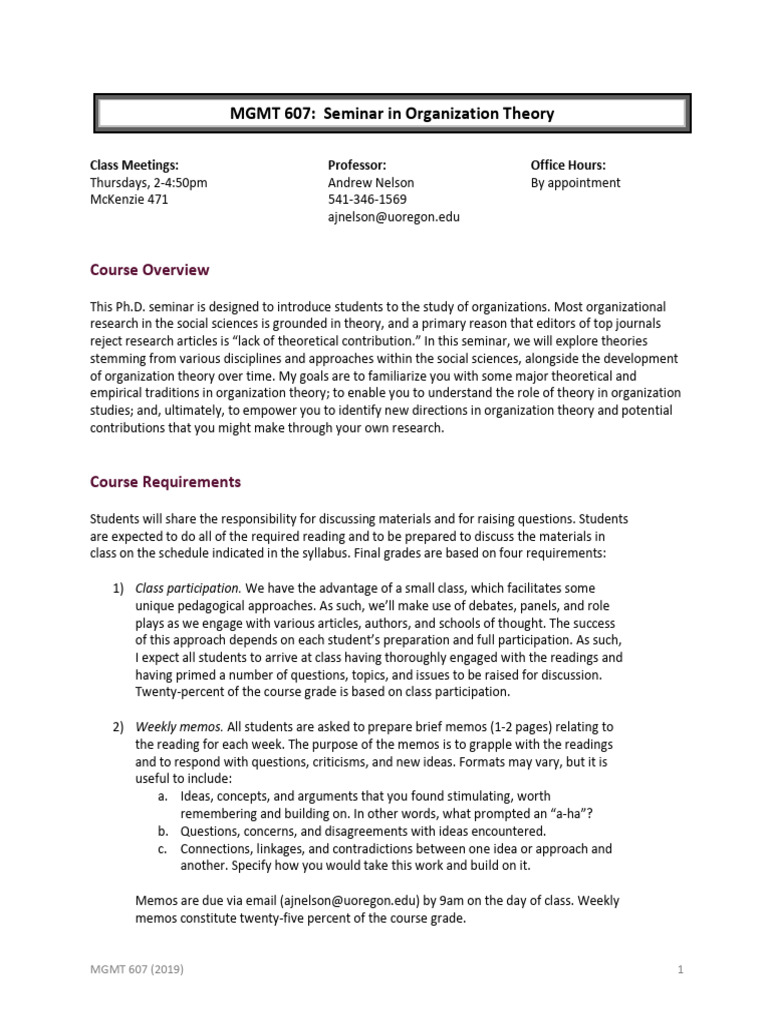 Mgmt607 Syllabus 2019 Final | PDF | Harassment | Academic Dishonesty