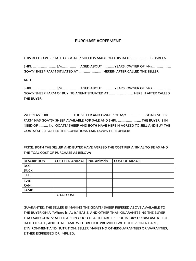 Goat Purchase Agreement Template | PDF