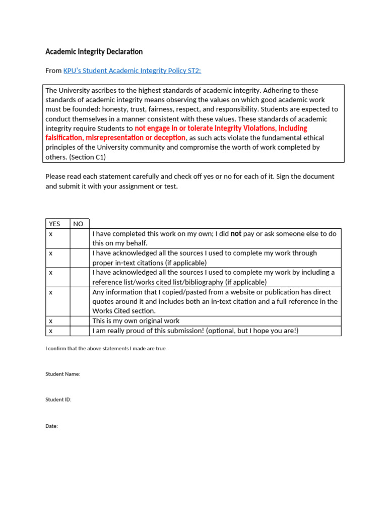 Academic Integrity Declaration | PDF