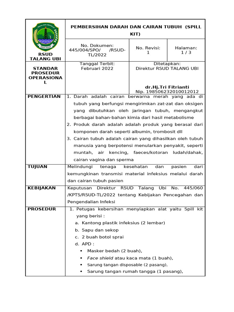 Prosedur Spill Kit RSUD Talang Ubi | PDF | Sains & Matematika