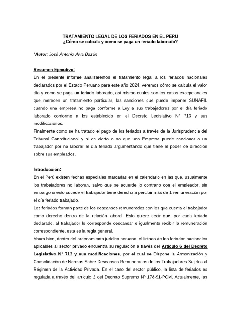 Tratamiento de Los Feriados en El Peru - Jose Alva | PDF | Salario | Derecho laboral