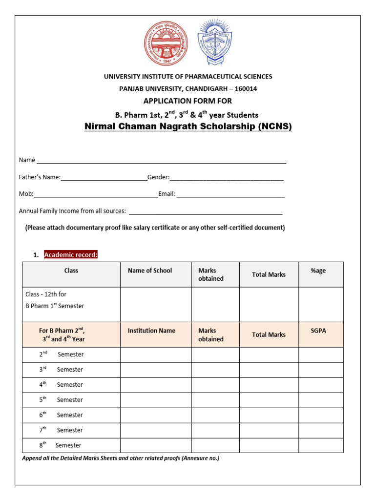 Application Form For B. Pharm 1st, 2, 3 & 4 Year Students: Nirmal ...