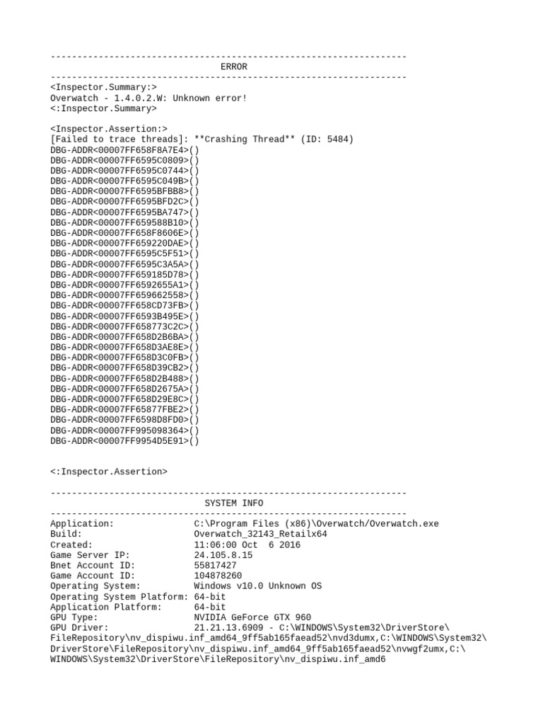 Overwatch Error Report 1.4.0.2.W | PDF | Graphics Processing Unit ...
