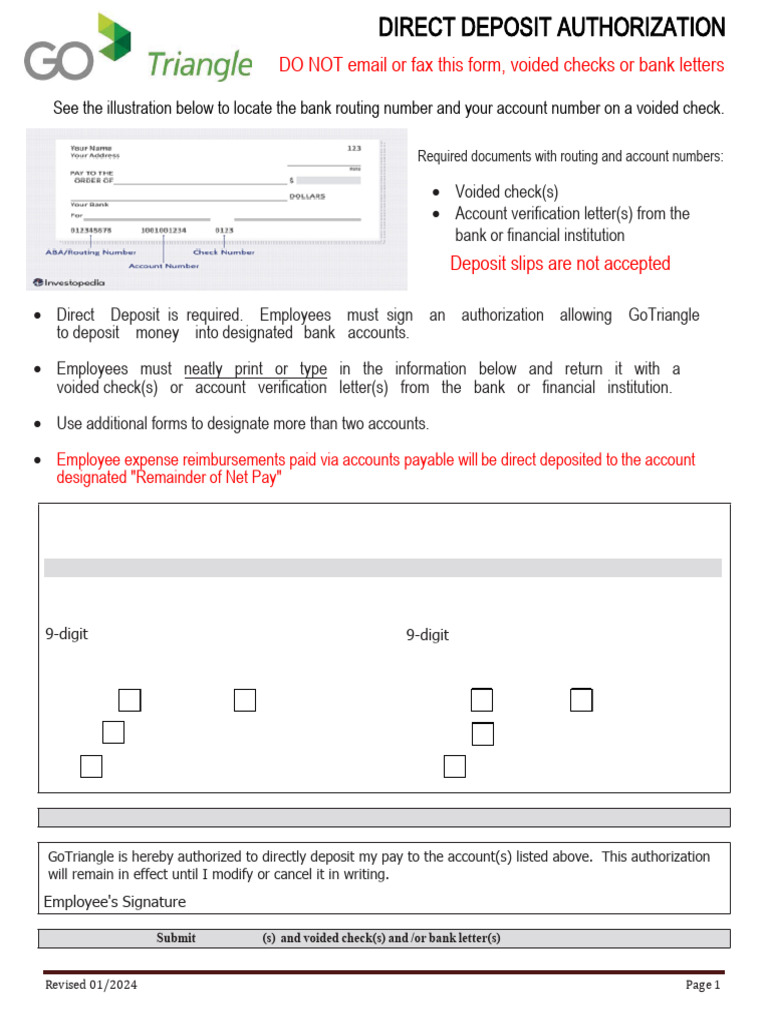 Gotriangle Direct Deposit Form 2024 - JH | PDF | Banks