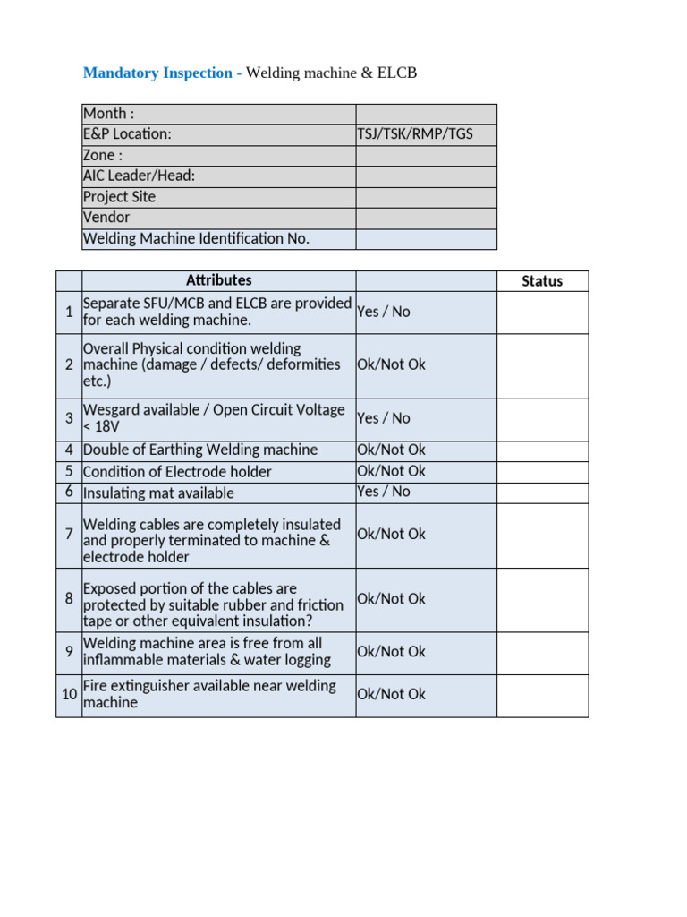 Temp Electrical Wiring Welding Machine Check List | PDF