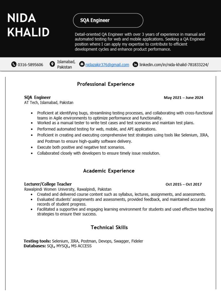 NidaKhalid(resume) | PDF | Information Technology | Computing