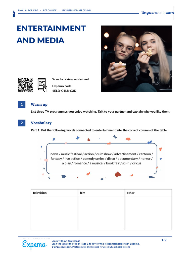 Entertainment and Media British English Teacher A2 B1 | PDF ...