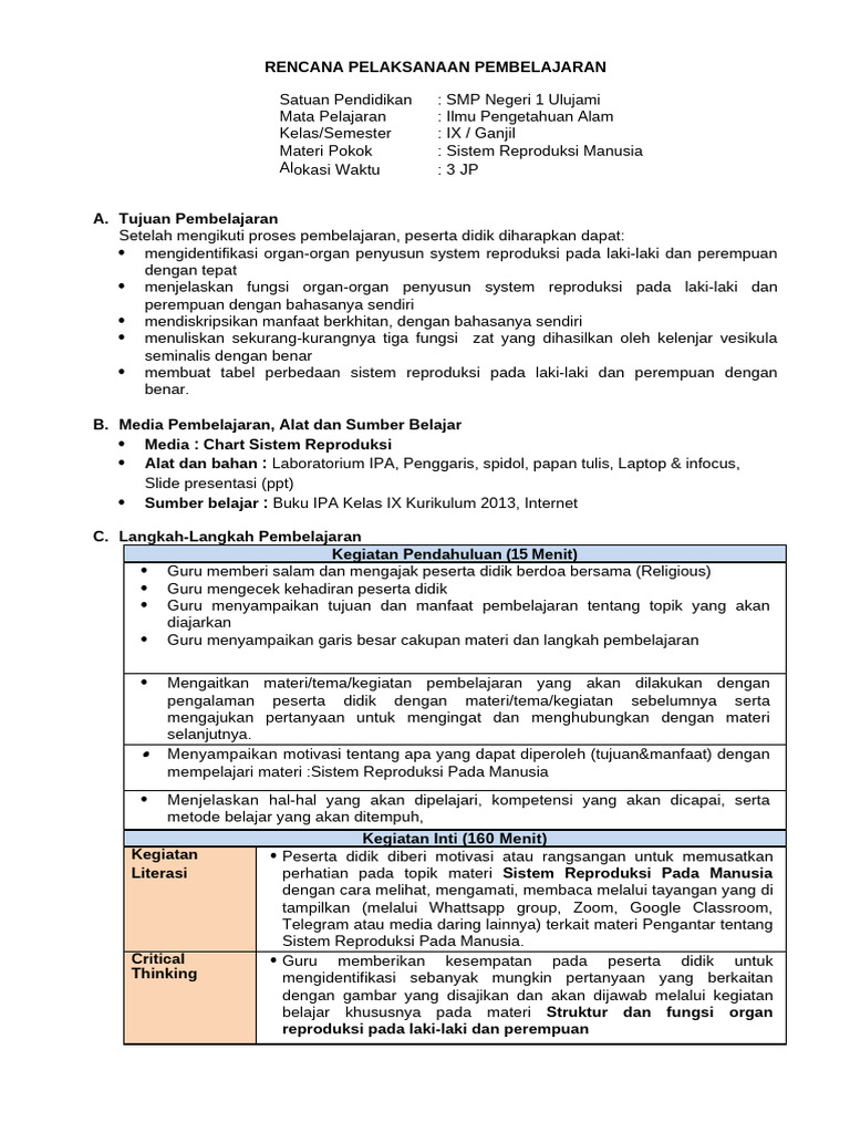 RPP IPA Kelas 9 K13 Sistem Reproduksi Pada Manusia Rev 2 | PDF