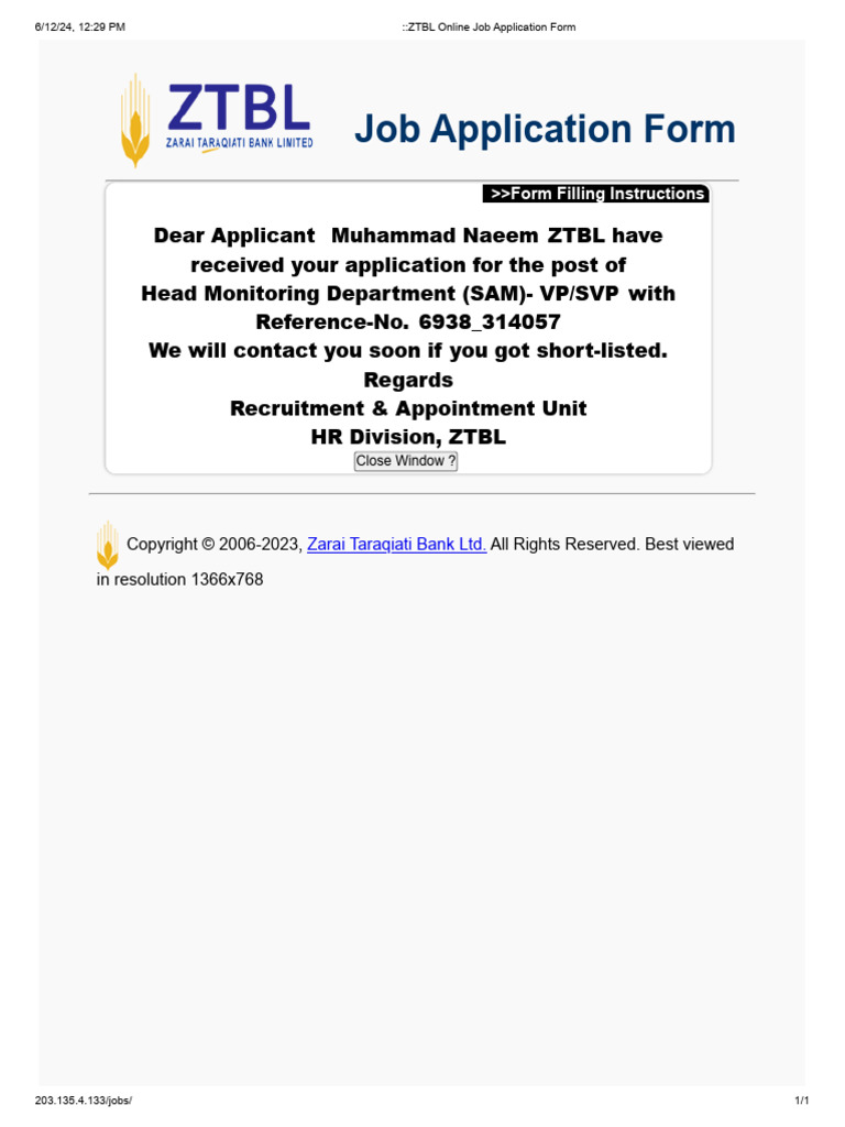 ZTBL Online Job Application Form | PDF