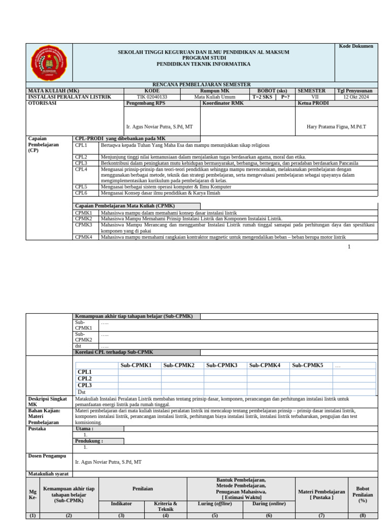 RPS Terbaru - Instalasi Perallatan Listrik | PDF