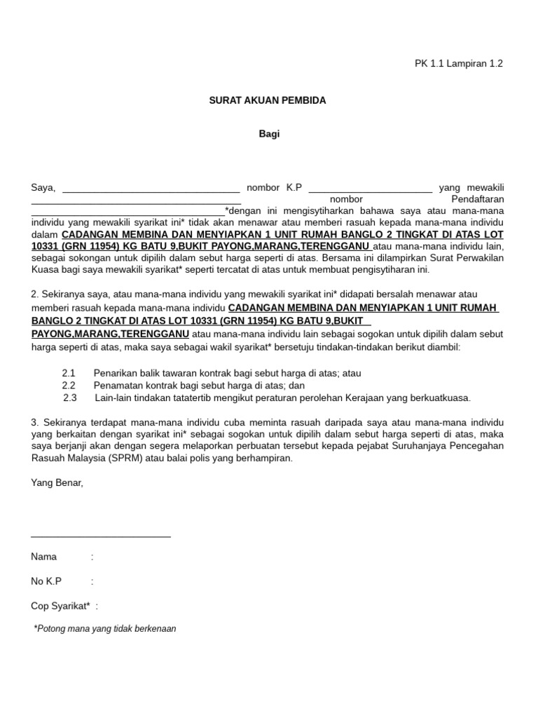 surat akuan pembida terengganu | PDF