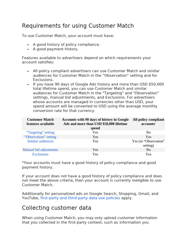 Requirements for using Customer Match | PDF | Regulatory Compliance ...