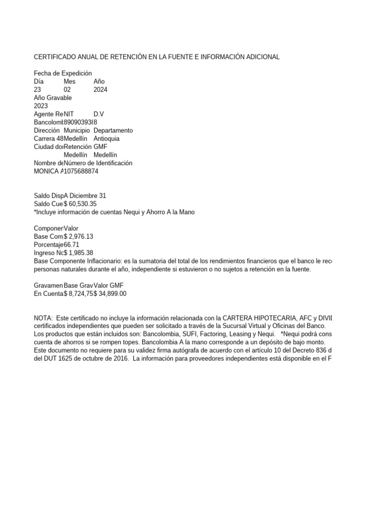 Certificado 202312 Certificado Tributario Retención en La Fuente 1-b1 | PDF
