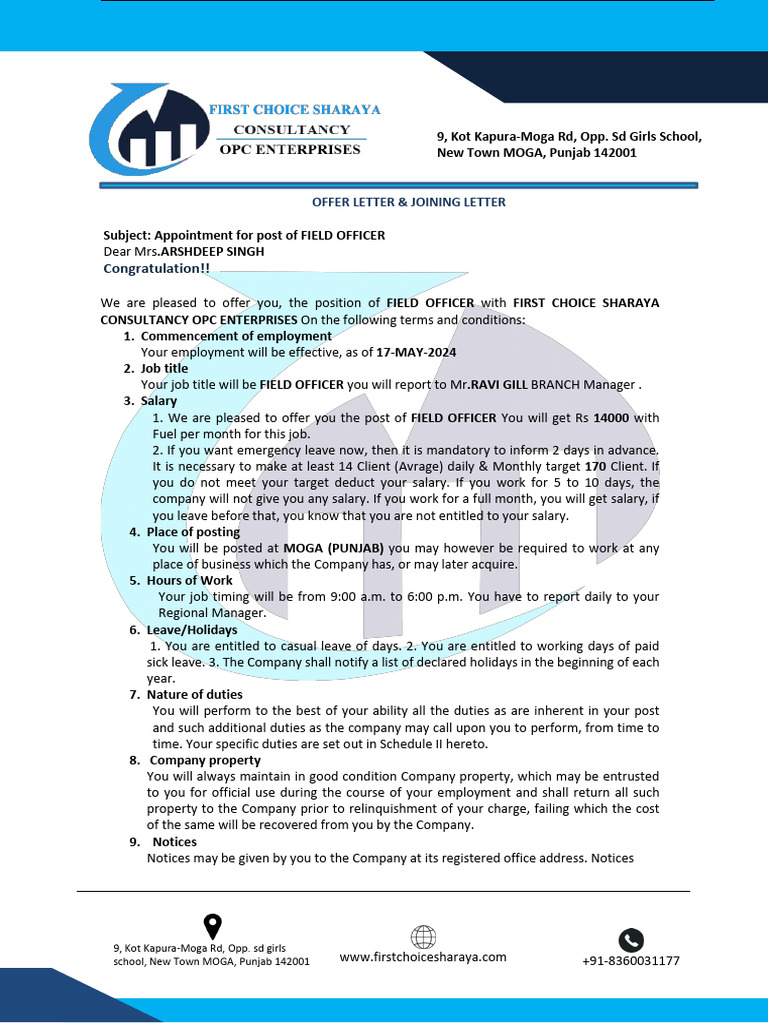 Offer Letter Arshdeep Field Officer Moga | PDF | Employment | Confidentiality