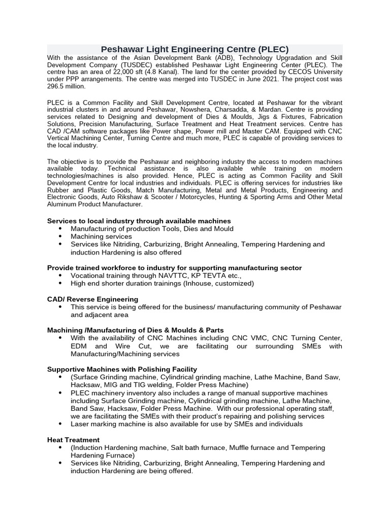 Peshawar Light Engineering Centre | PDF | Heat Treating | Machining