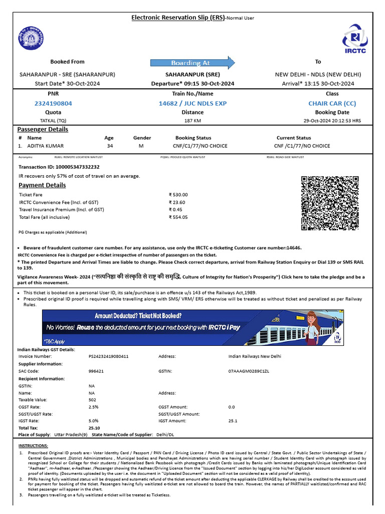 IRCTC TICKET | PDF | Identity Document | Payments