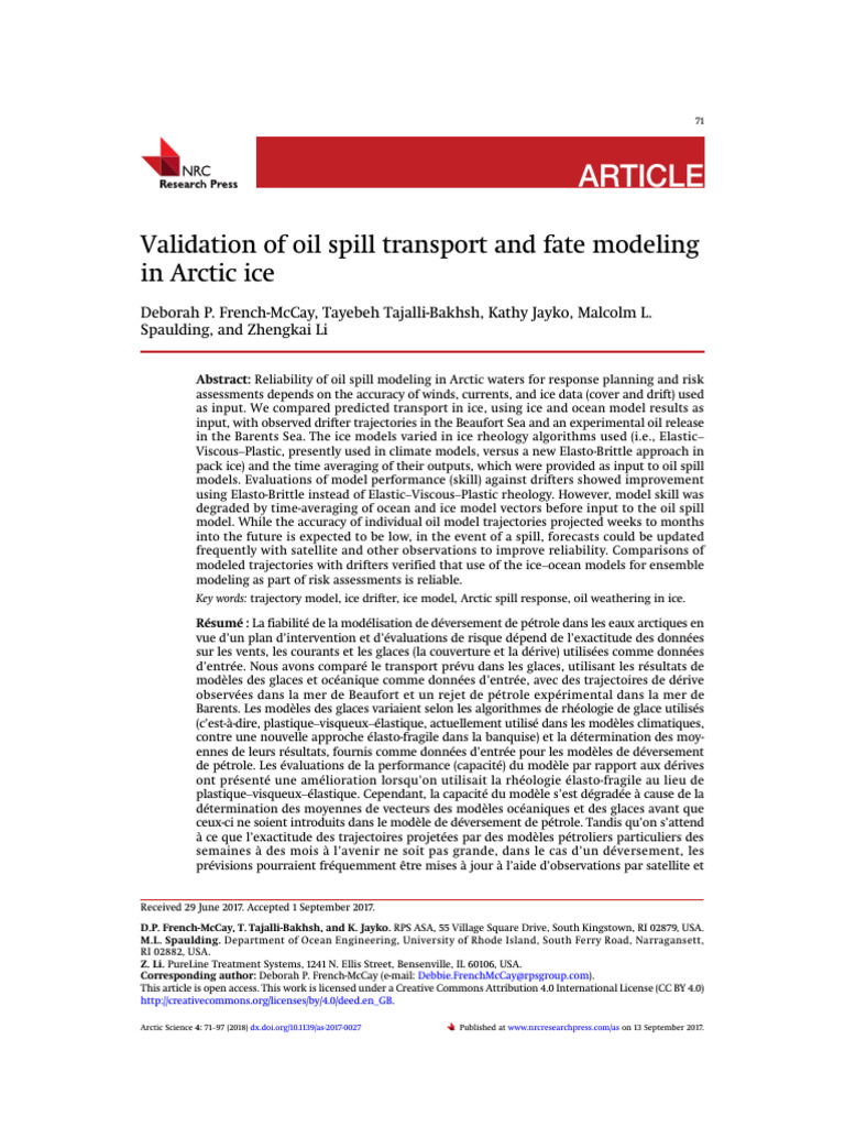 french-mccay-et-al-2017-validation-of-oil-spill-transport-and-fate-modeling-in-arctic-ice | PDF ...