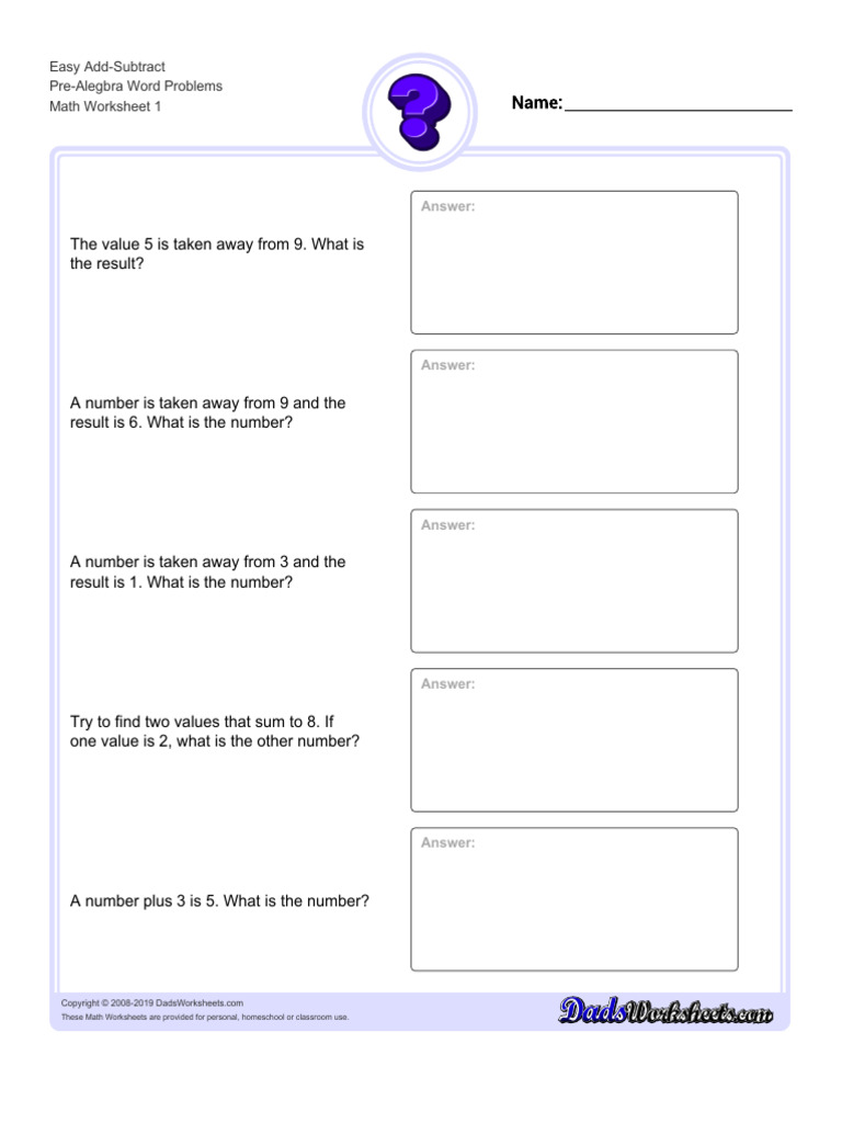 Addition Subtraction Pre Algebra Word Problems Easy v1 | PDF