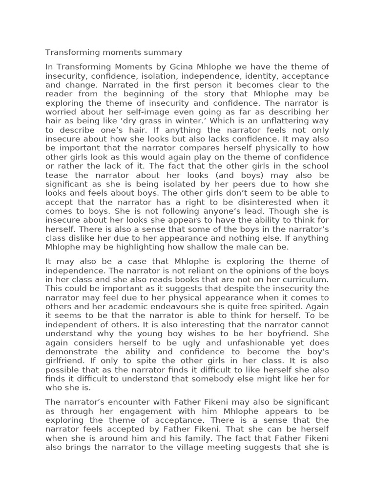 Gcina Mhlophe's Transforming Moments Summary | PDF