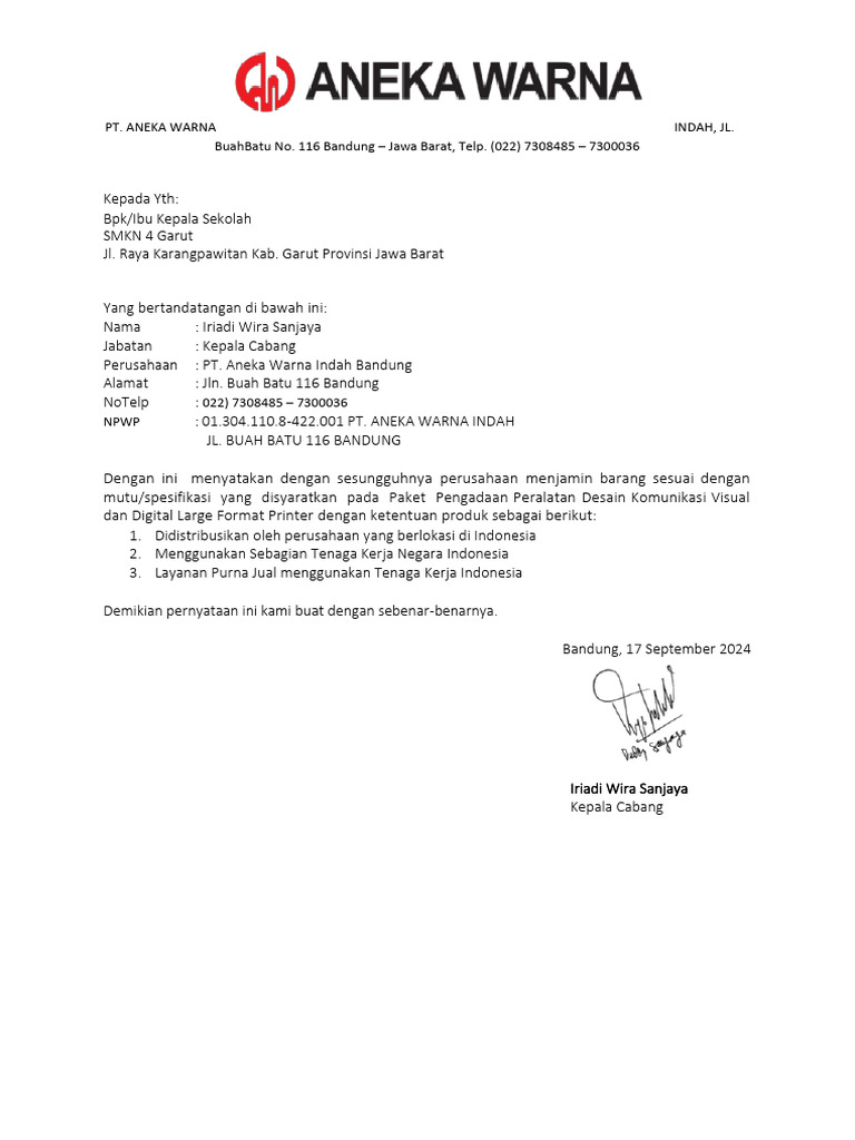 Surat Pernyataan PDN Aneka Warna Bandung | PDF | Bisnis