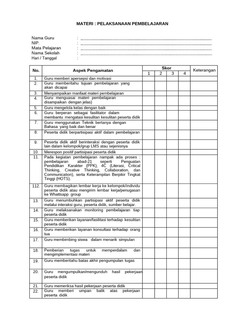 Format Supervisi Pembelajaran | PDF