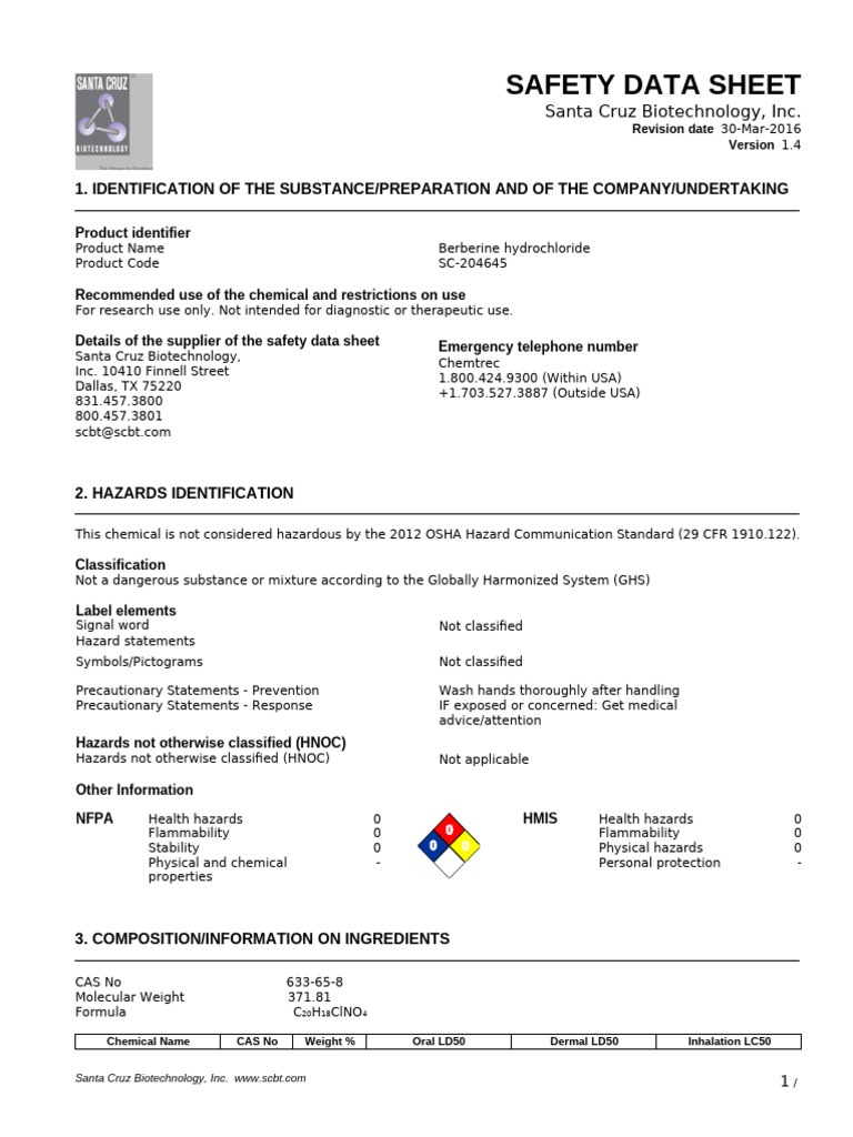 MSDS- Beberine HCL-2023 | PDF | Occupational Safety And Health | Safety