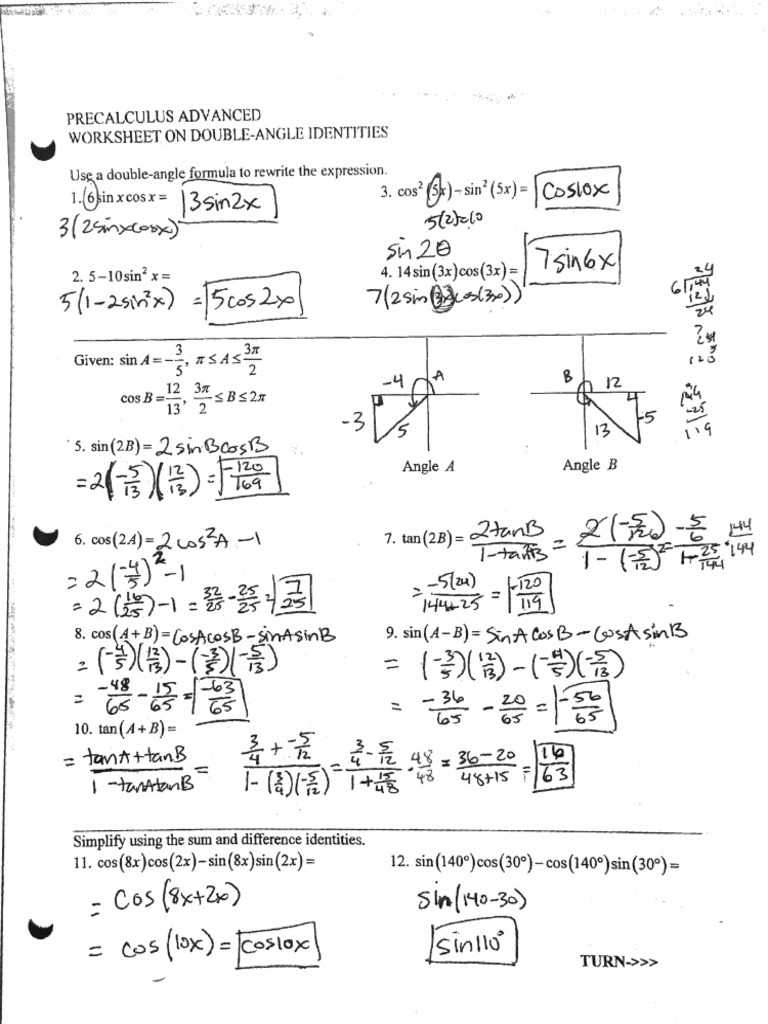 Double Angle Identities Answer Key | PDF