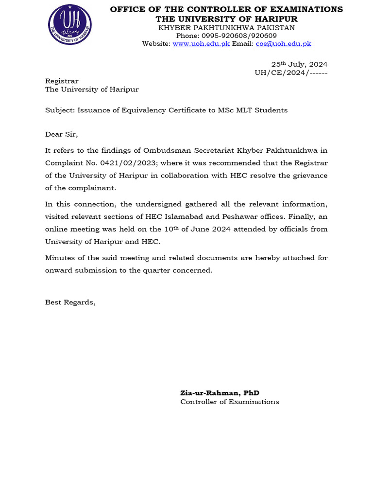 MLT Letter To Registrar Minutes | PDF