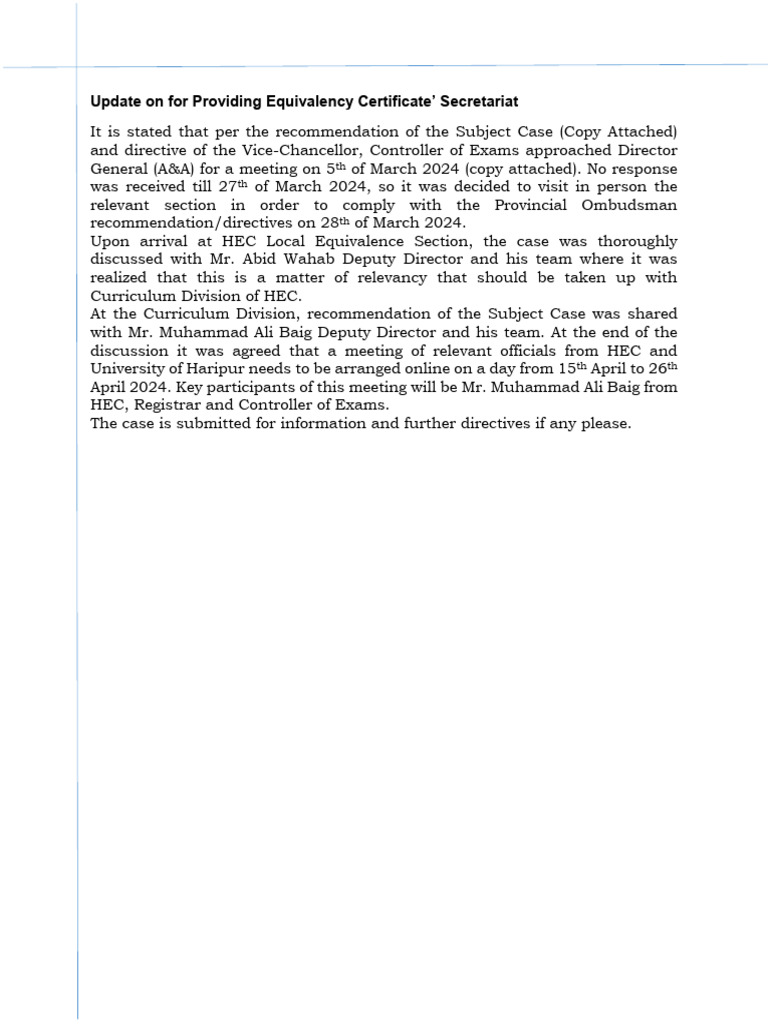 Update On For Providing Equivalency Certificate' Secretariat | PDF | Business | Finance & Money ...