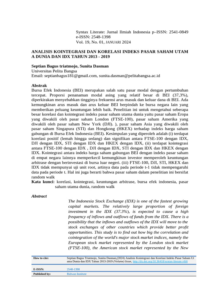 Jurnal Analisis Kointegrasi Dan Korelasi Indeks Pasar Saham Utama Dunia Dan IDX Tahun 2013-2019 ...