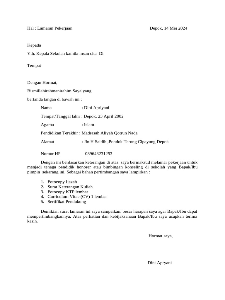Surat Lamaran Kerja 2 Dini Apriyani | PDF | Karier & Perkembangan