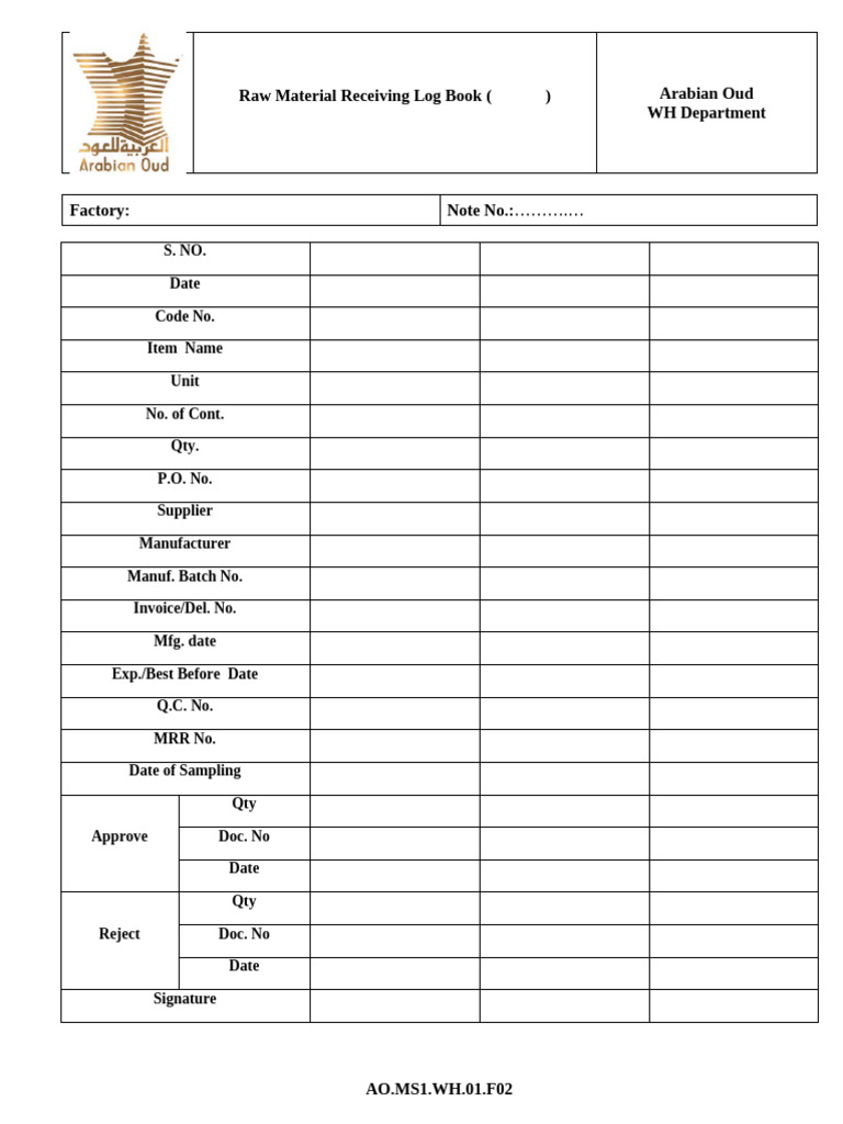 AO - MS1.WH.01.F02 Raw & Packaging Material Receiving Log Book | PDF