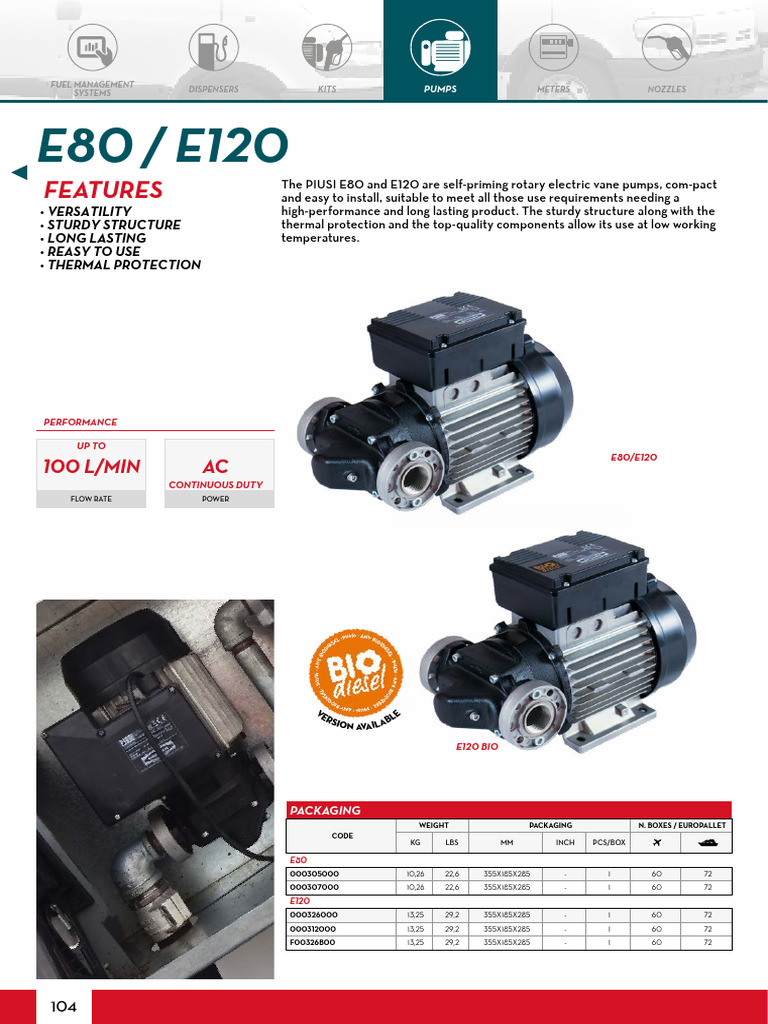 Catalogue - Bơm Piusi E80-E120 | PDF | Pump | Diesel Fuel