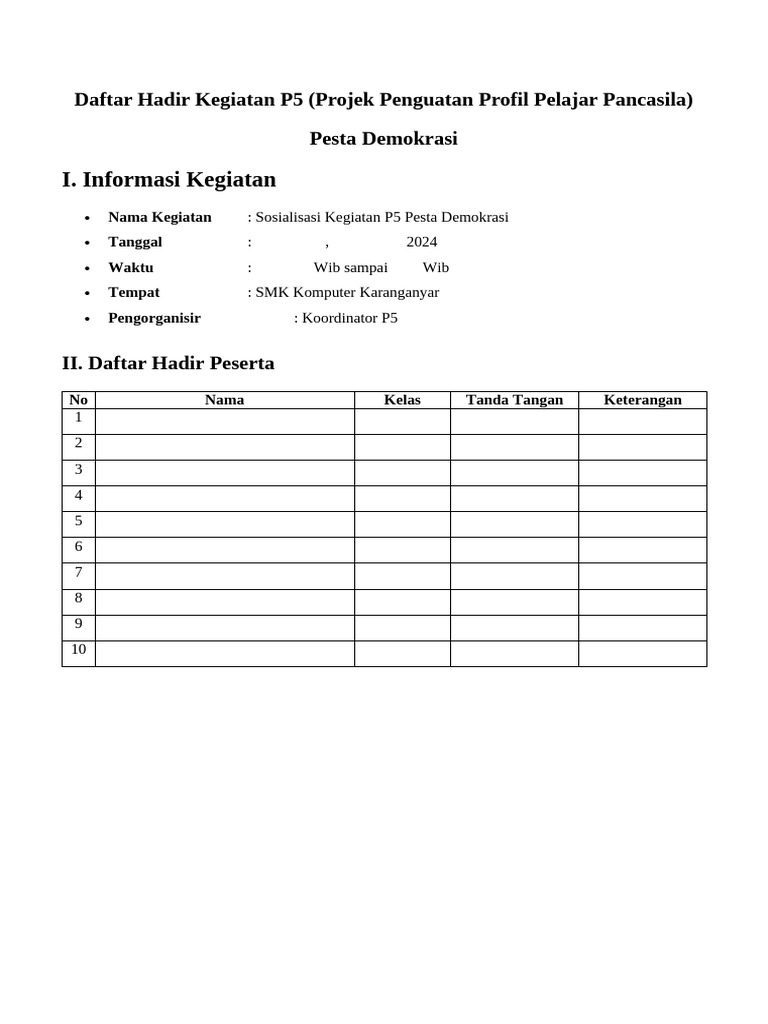 Daftar Hadir Kegiatan P5 Pestab Demokrasi | PDF | Karier & Perkembangan