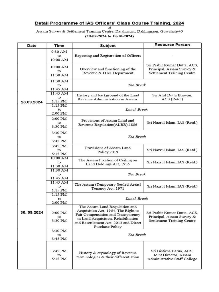 DETAILED TRAINING SCHEDULE- IAS OFFICERS' CLASS COURSE TRAINING, 2024 ...