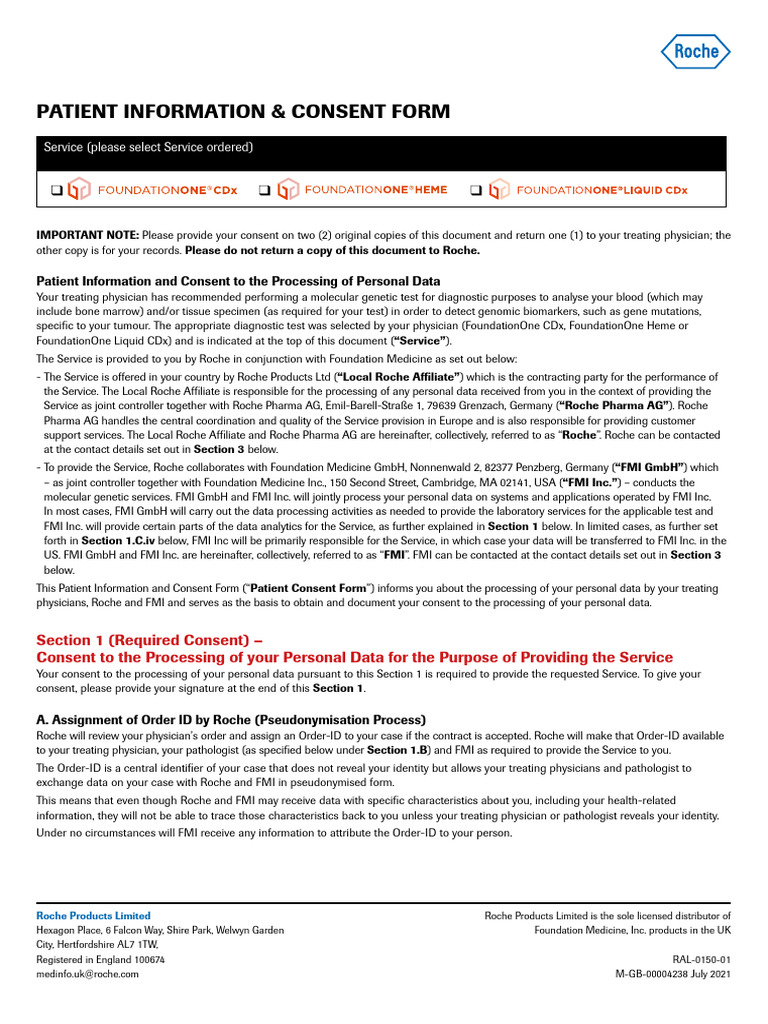 F1 CDx consent | PDF | Pathology | Dna Sequencing