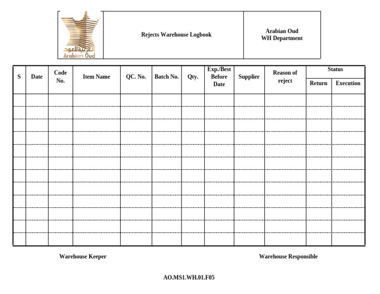 AO - MS1.WH.01.F05 Rejects Warehouse Logbook | PDF
